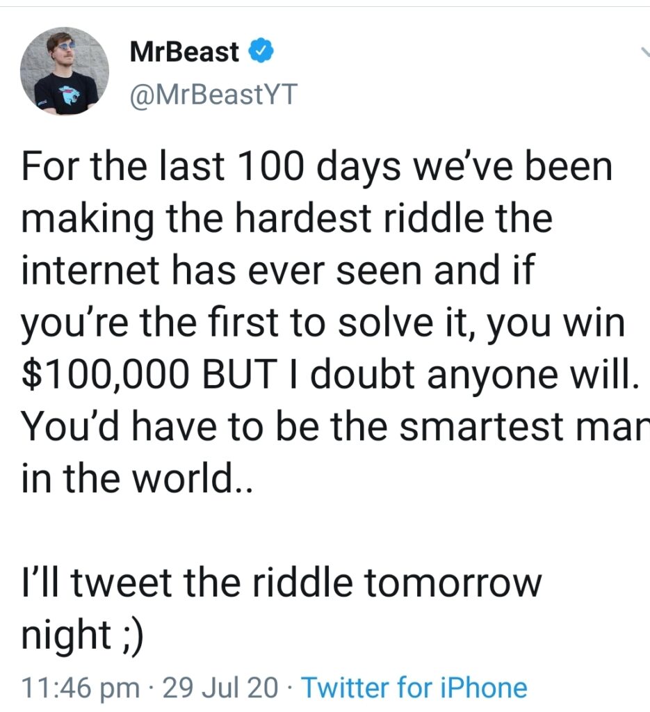 mr beast riddle: mr Beast twitter riddle for $100k | Puzzles QnA